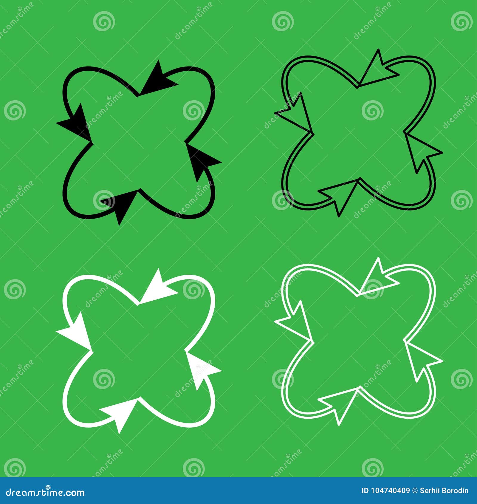 Four Arrows in Loop in and from Center Icon Black and White Color Set ...