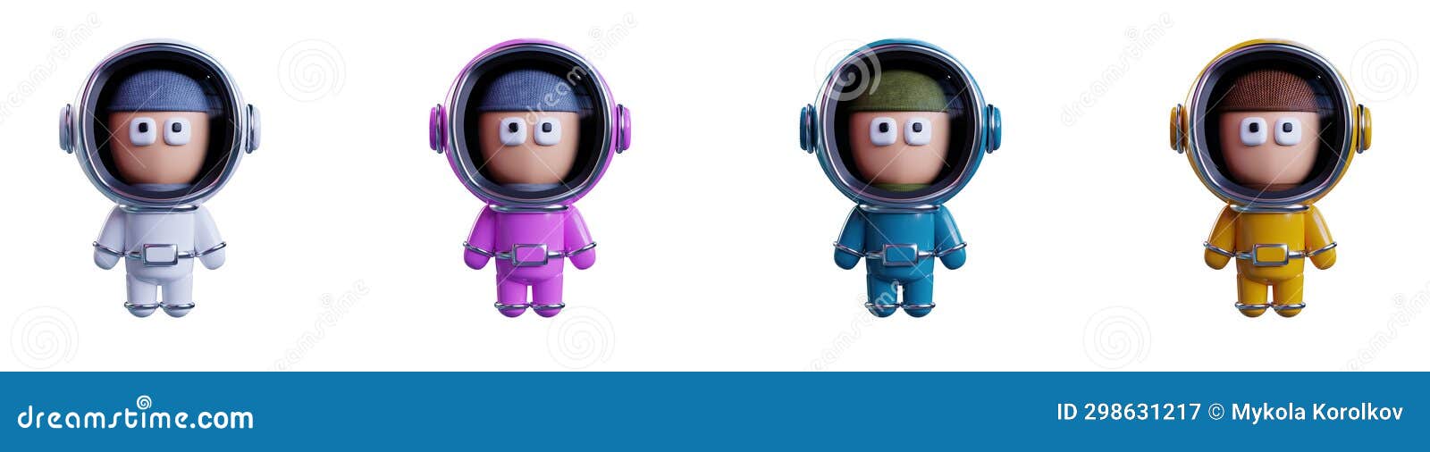 Four Astronauts in Different Colors of Spacesuit, 3D Render. Front View ...