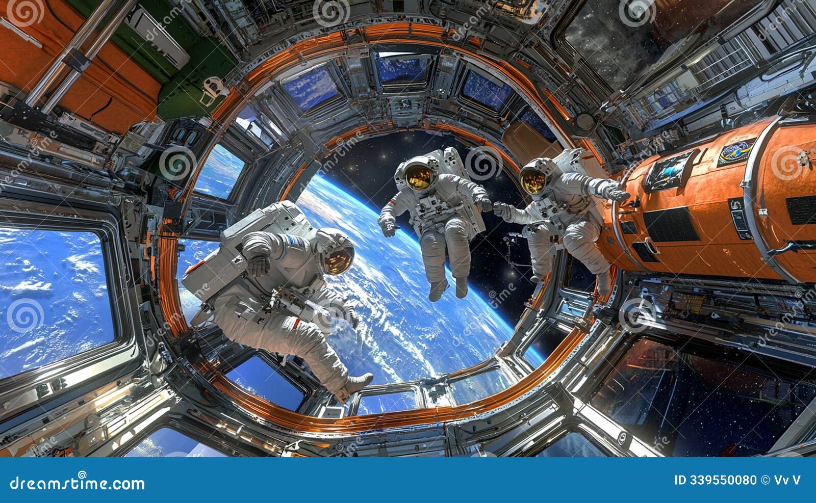 Four Astronauts Float Inside a Space Station. Stock Illustration ...