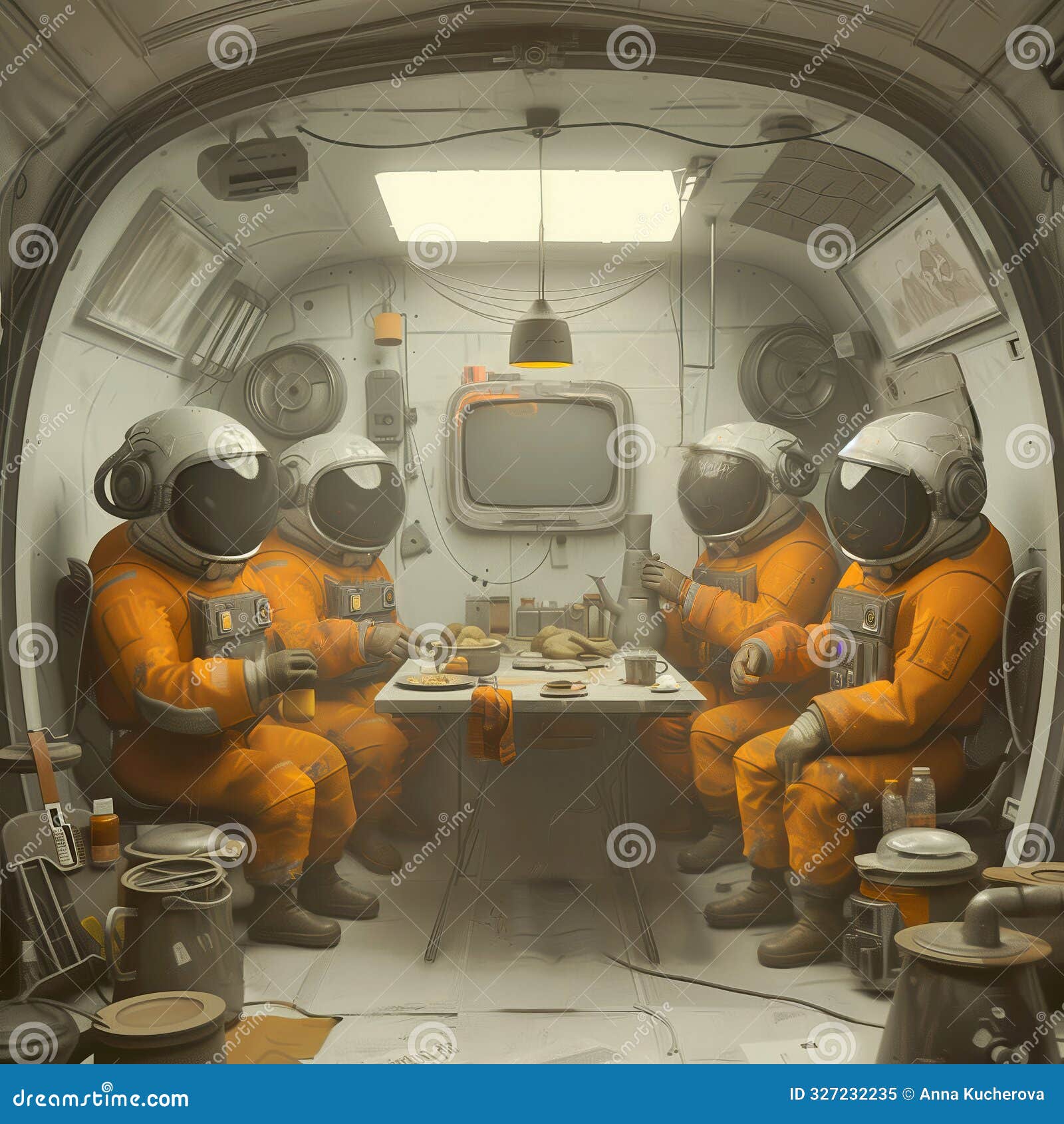 Four Astronauts in Orange Suits and Helmets Inside a Spacecraft Stock ...
