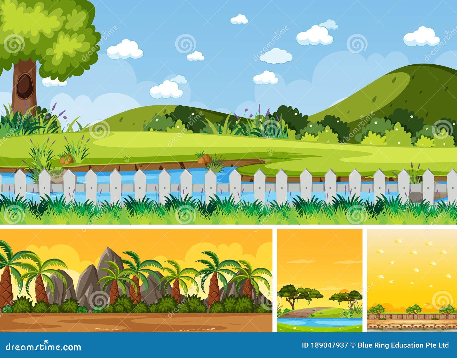 Four Background Different Nature Scenes with Green Trees in Different ...