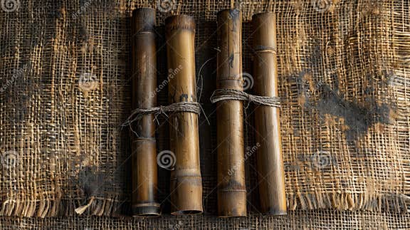 Four Bamboo Tubes on Woven Texture. Stock Photo - Image of tubes ...