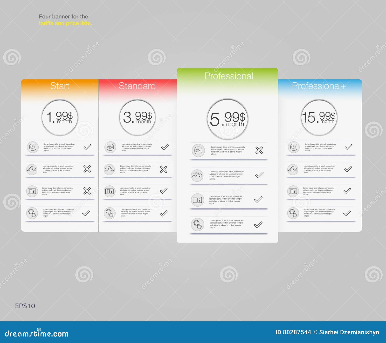 Four Banner for the Tariffs and Price Lists. Web Elements. Plan Hosting ...