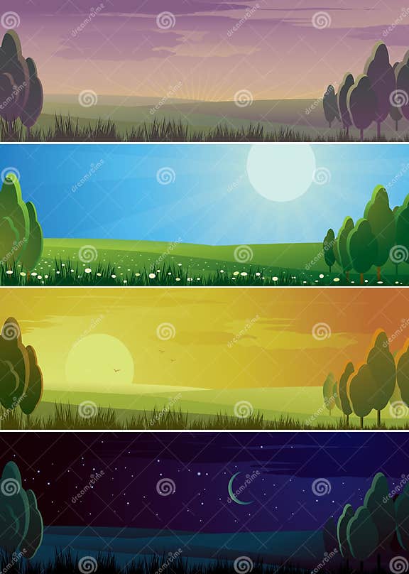 Four Banners Showing Day Cycle. Stock Vector - Illustration of field ...