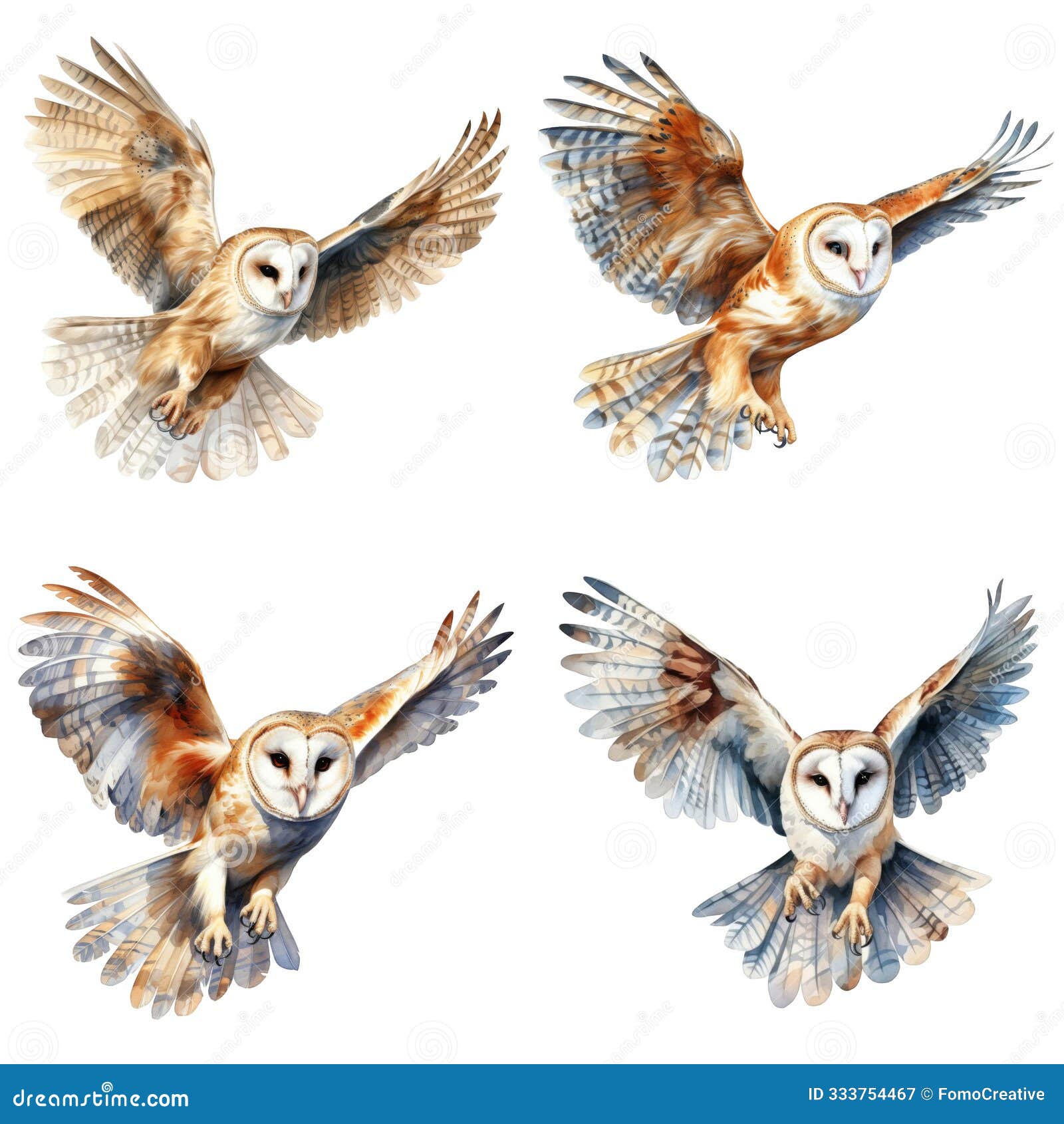 Four Barn Owls in Flight with Spread Wings Stock Illustration ...