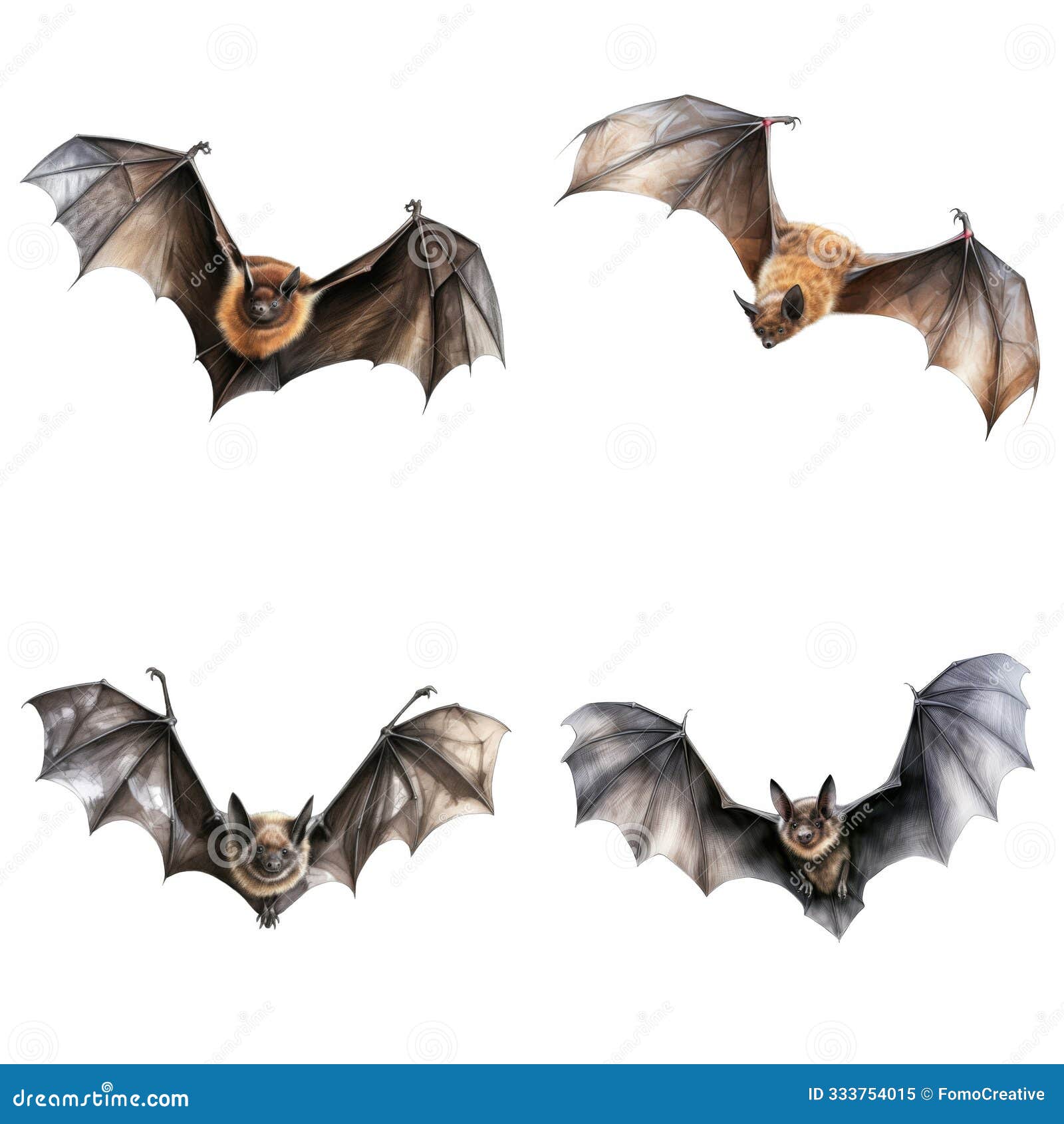 Four Bats in Flight with Spread Wings Stock Illustration - Illustration ...