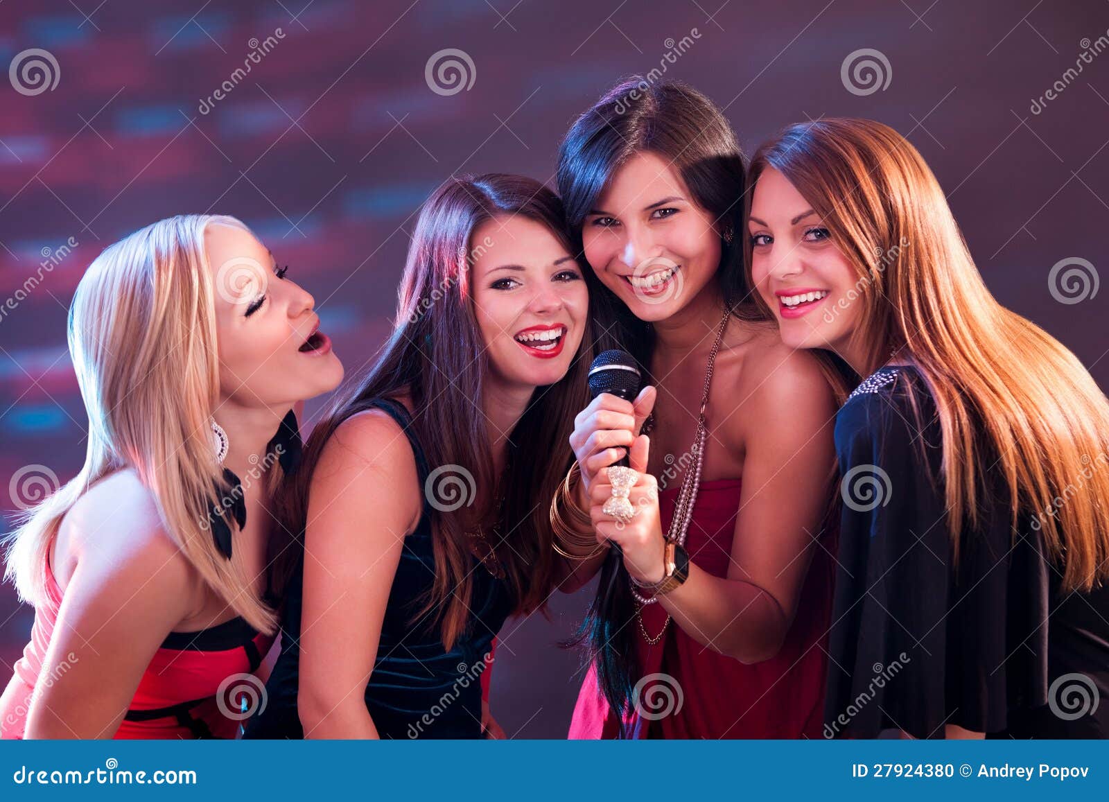 Four Beautiful Girls Singing Karaoke Stock Photography | CartoonDealer ...