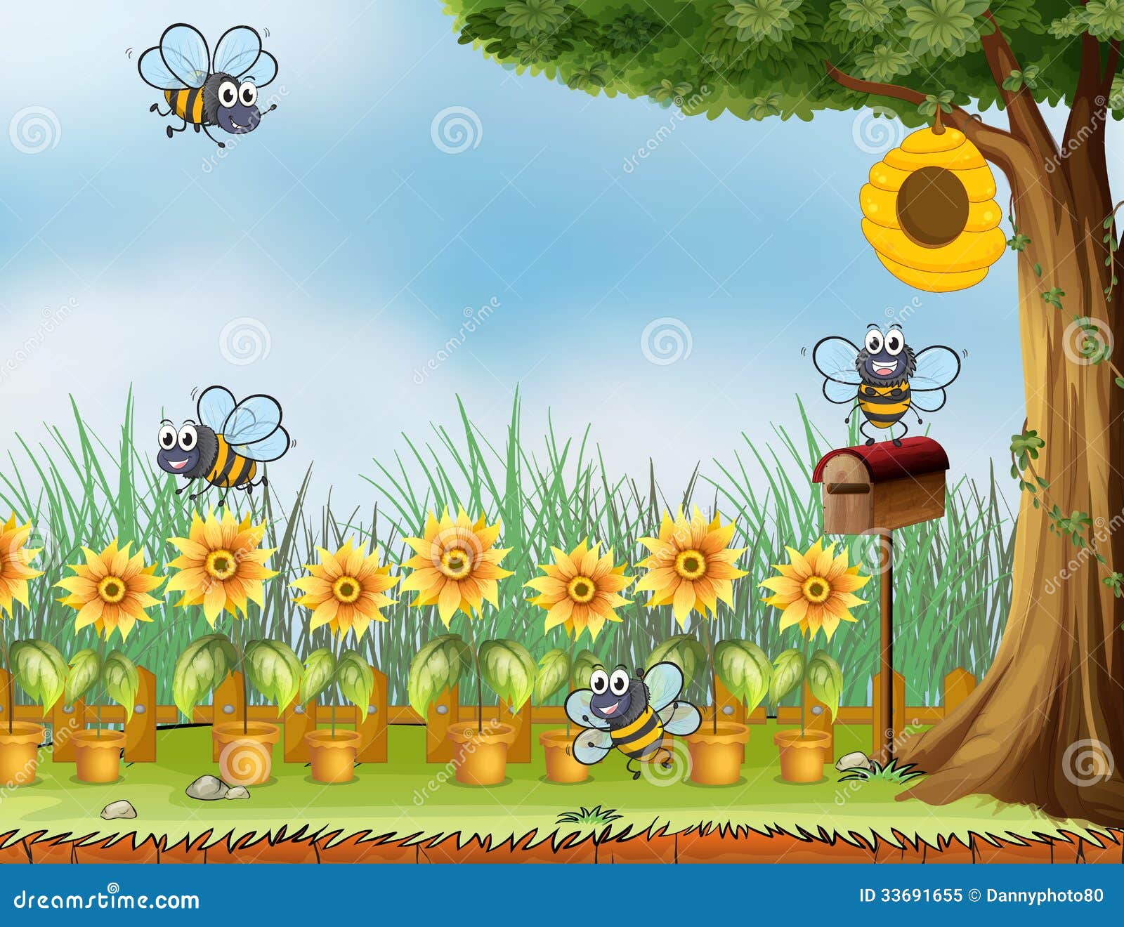 Four bees in the garden stock illustration. Illustration of scene ...