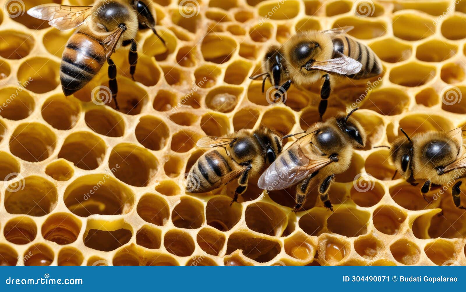 Four bees on a honeycomb stock illustration. Illustration of beeswax ...