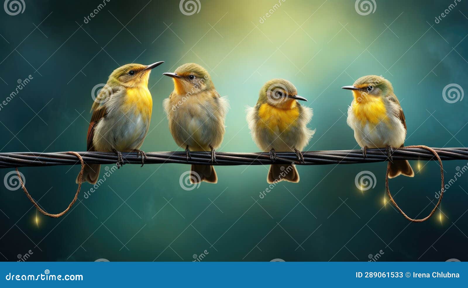 Four birds sitting on wire stock illustration. Illustration of beak ...