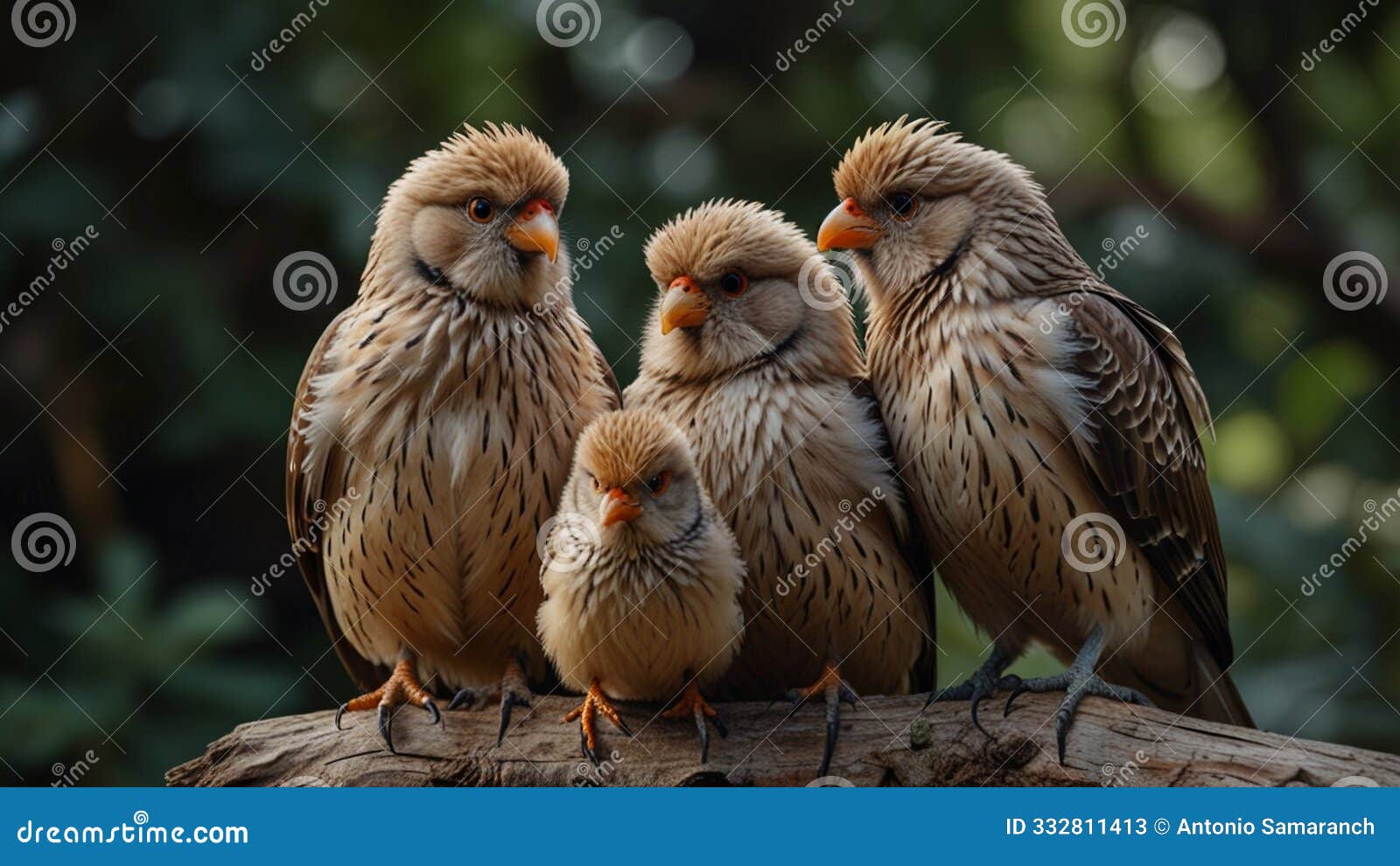 Four Birds are Standing on a Log Stock Illustration - Illustration of ...
