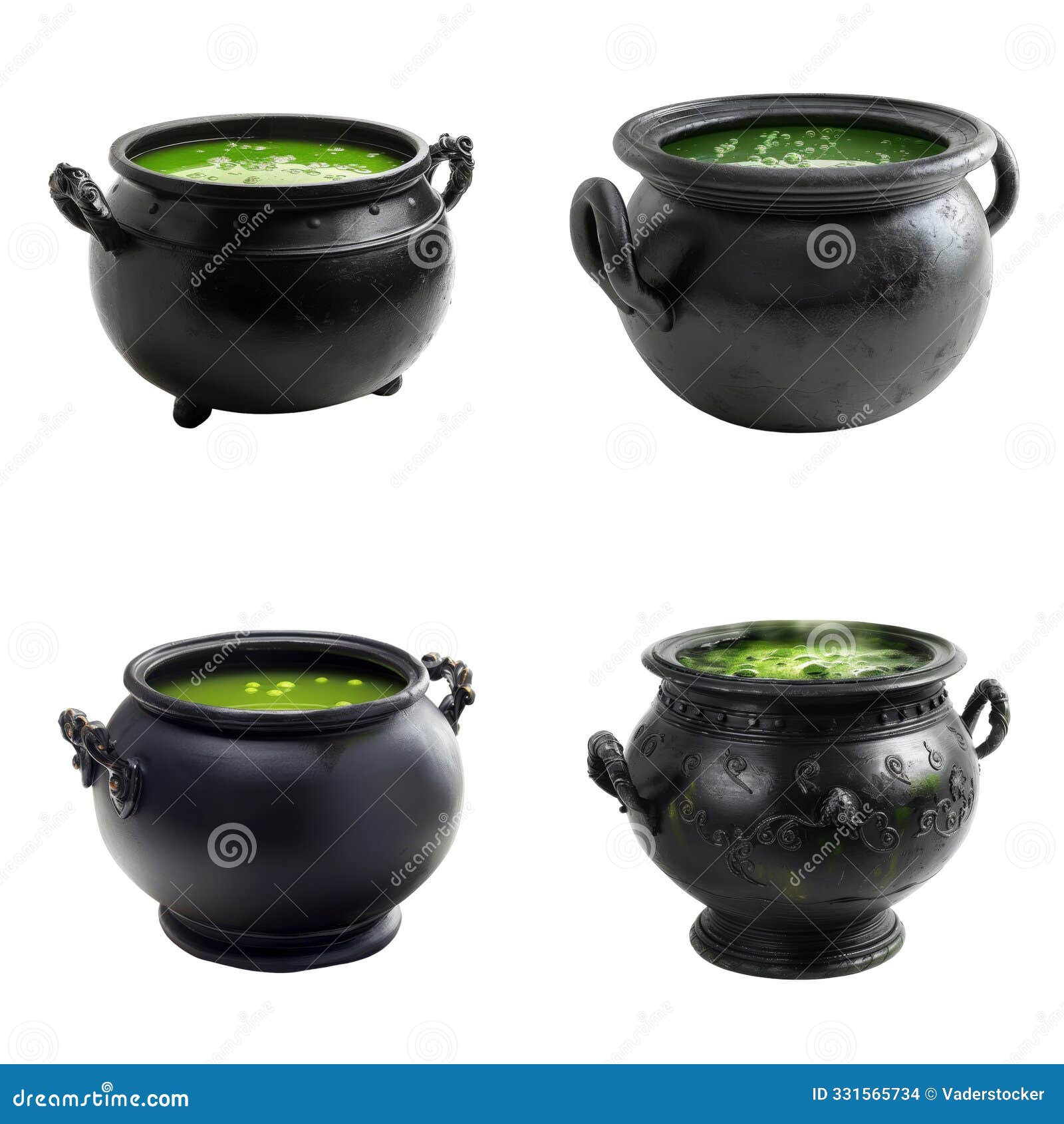 Four Black Cauldrons Filled with Green Potion Stock Illustration ...