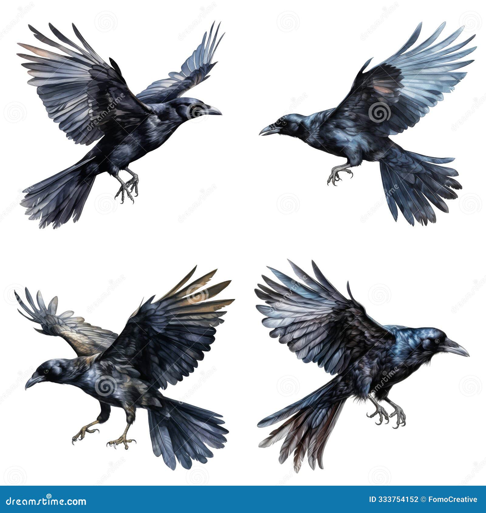 Four Black Crows in Flight with Spread Wings Stock Illustration ...