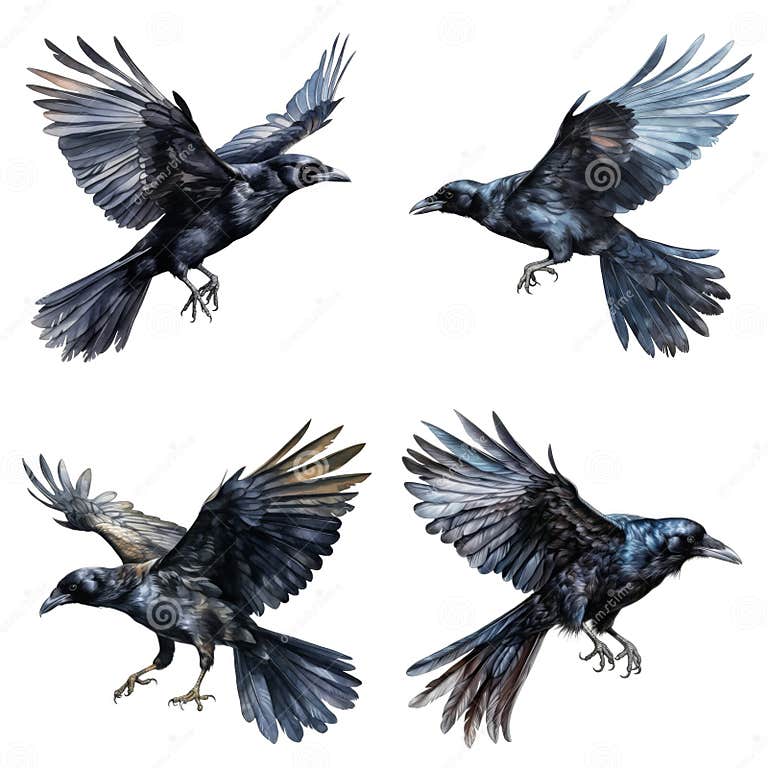 Four Black Crows in Flight with Spread Wings Stock Illustration ...