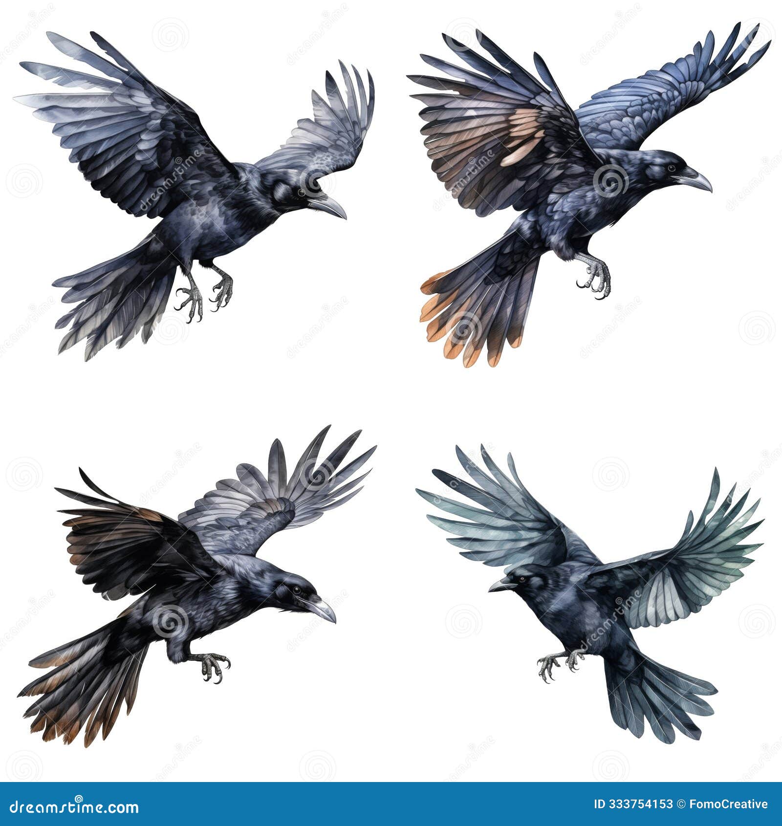 Four Black Crows in Flight with Spread Wings and Claws Out Stock ...