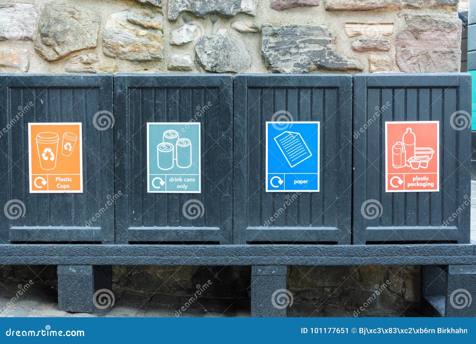 Four Black Garbage Bins from the Front Stock Image - Image of paper ...