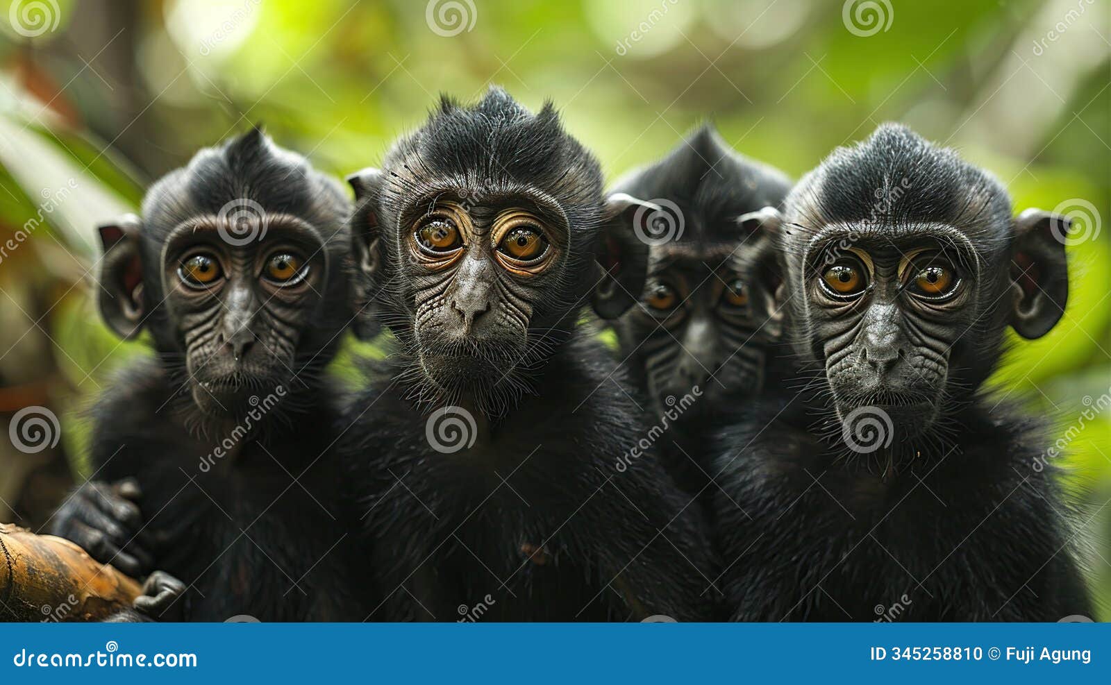 Four Black Monkeys with Large Eyes Looking Directly at the Camera Stock ...