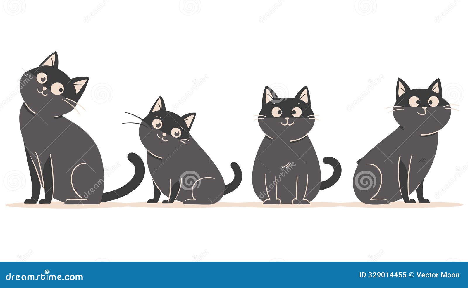 Four Black White Cartoon Cats Standing Side Side, Looking Viewer, Cat ...