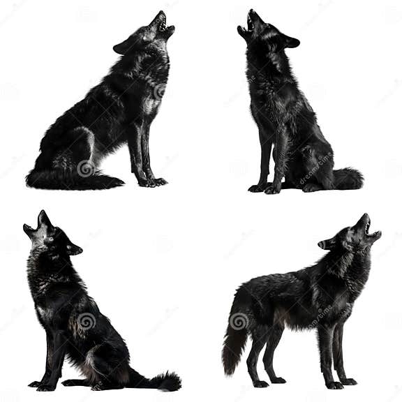 Four Black Wolves Howling at the Moon in Various Poses Stock ...
