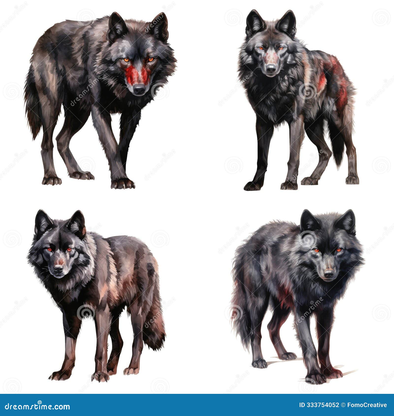 Four Black Wolves with Red Marks and Orange Eyes Stock Illustration ...