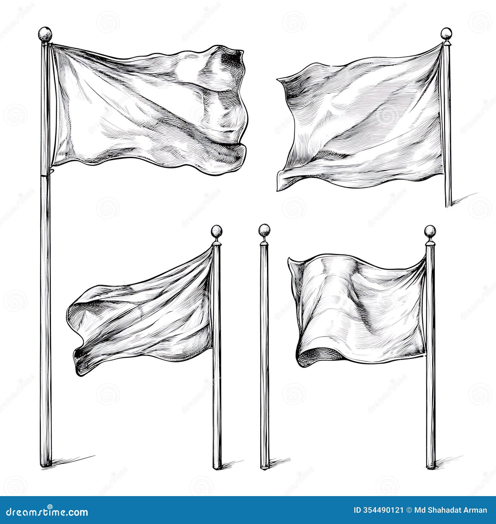 Four Blank Flags Waving on Poles, Hand-drawn Sketch Stock Illustration ...