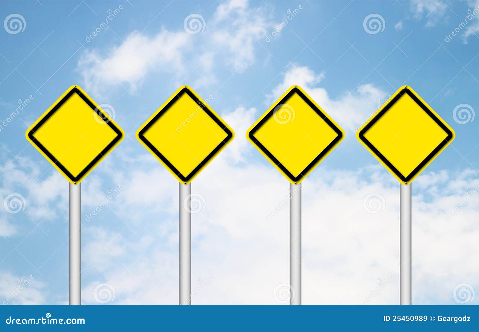 Four Blank Yellow Traffic Sign Stock Image - Image of direction, cloud ...