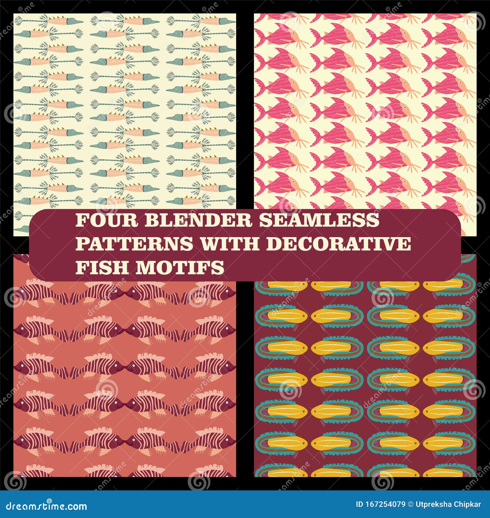 Four Blender Seamless Patterns with Decorative Fish Motif Stock Vector ...
