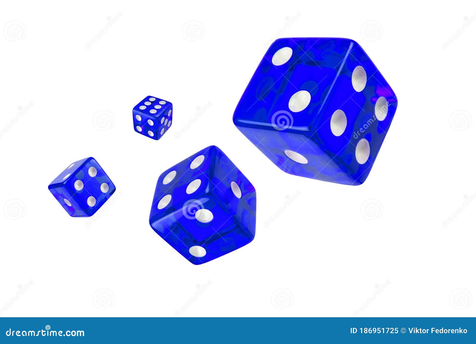 Four Blue Dice Flying Randomly in the Air on a White Background ...