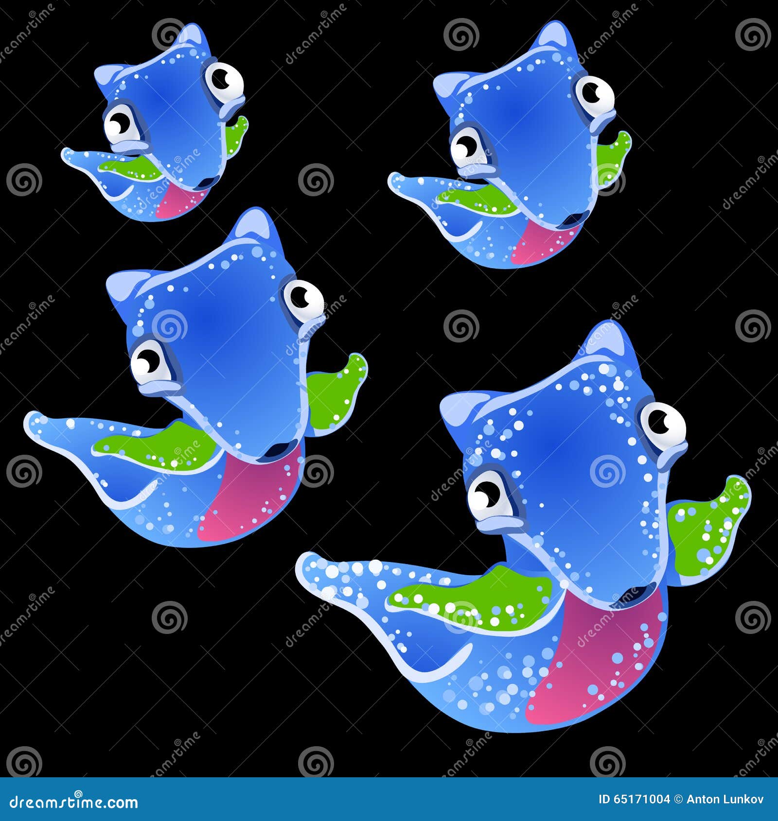 Four Blue Fictional Fish on a Black Background Stock Illustration ...