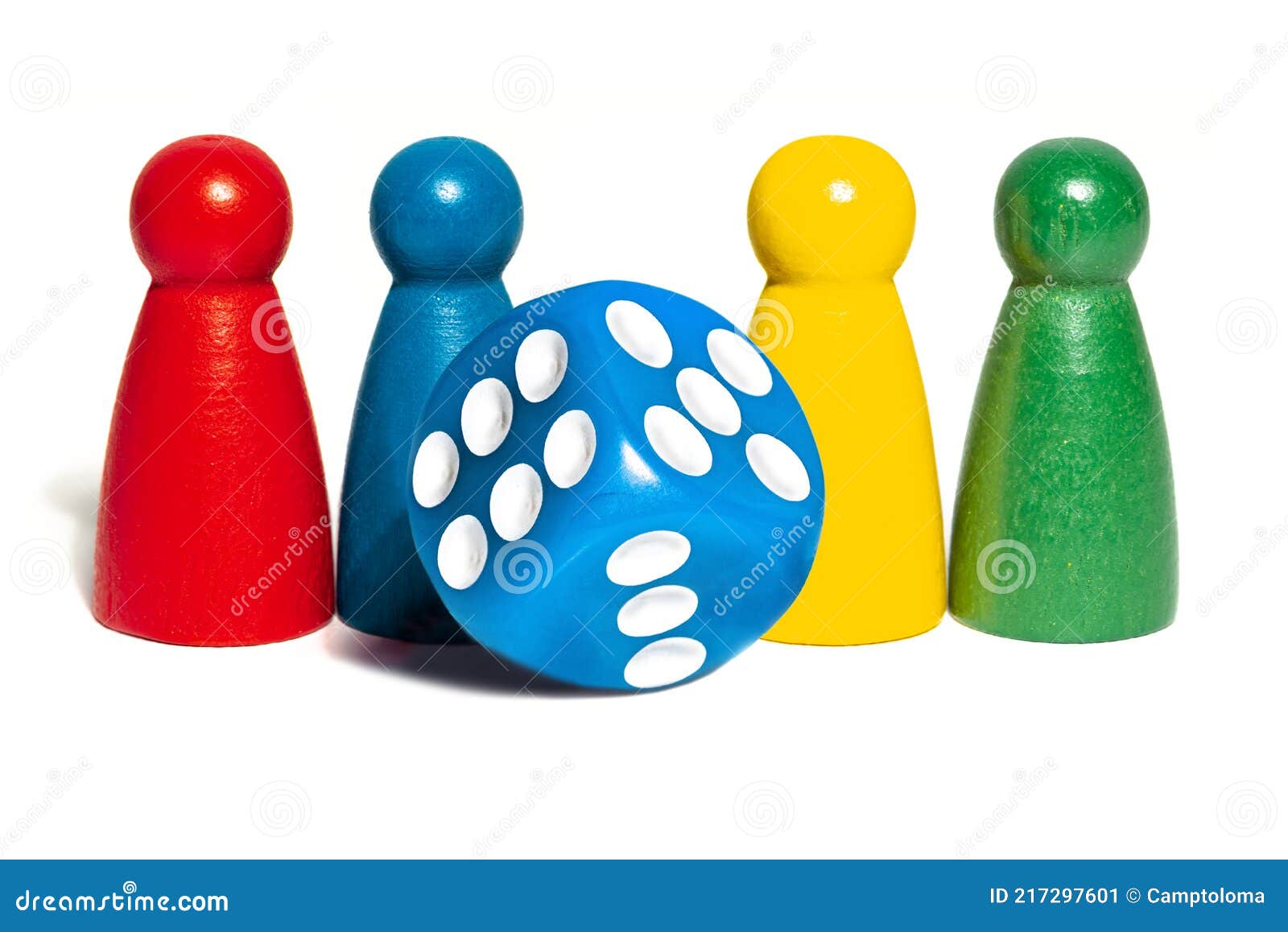 Four Board Game Pieces and Blue Dice Stock Image - Image of isolated ...