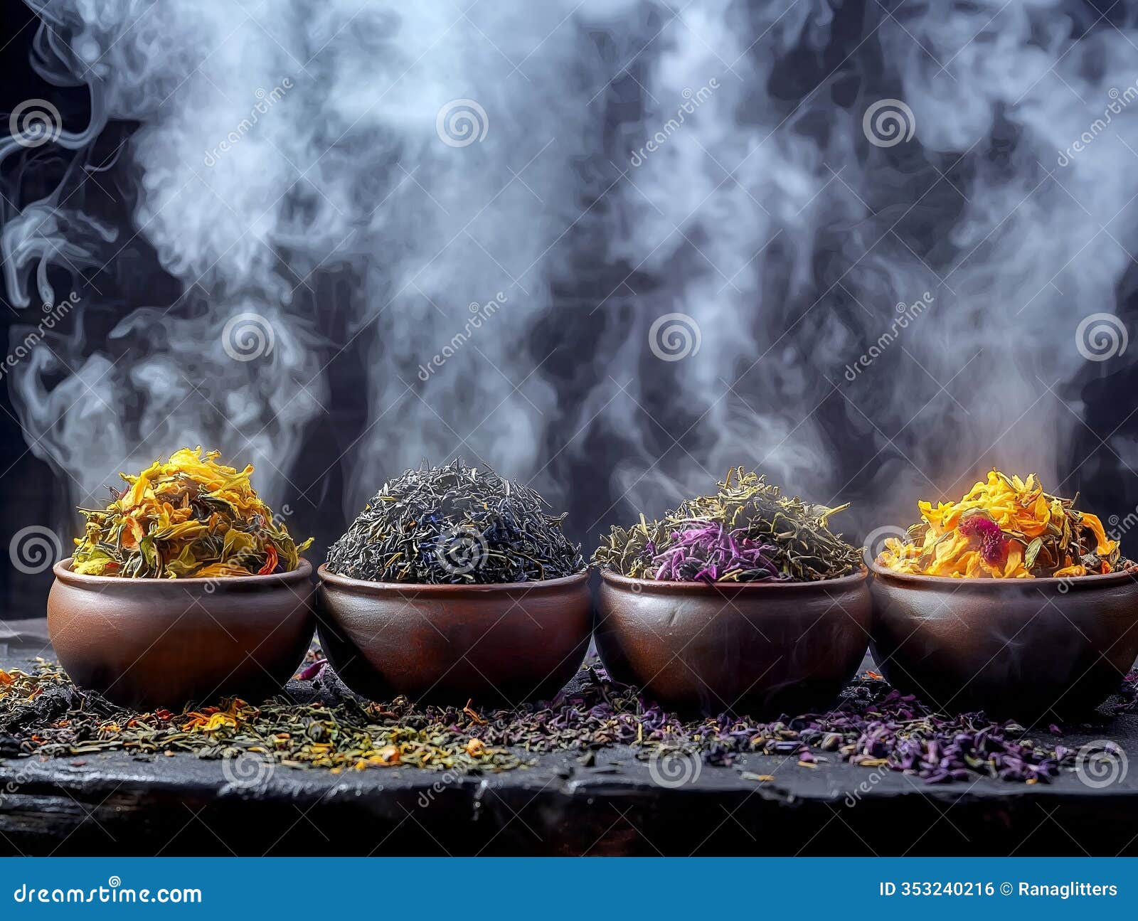 Four Bowls with Different Ingredients, on a Dark Surface, with Smoke or ...