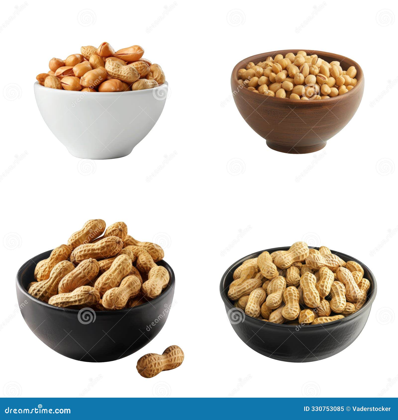 Four Bowls of Peanuts, Two White Bowls and Two Black Bowls Stock Illustration - Illustration of ...