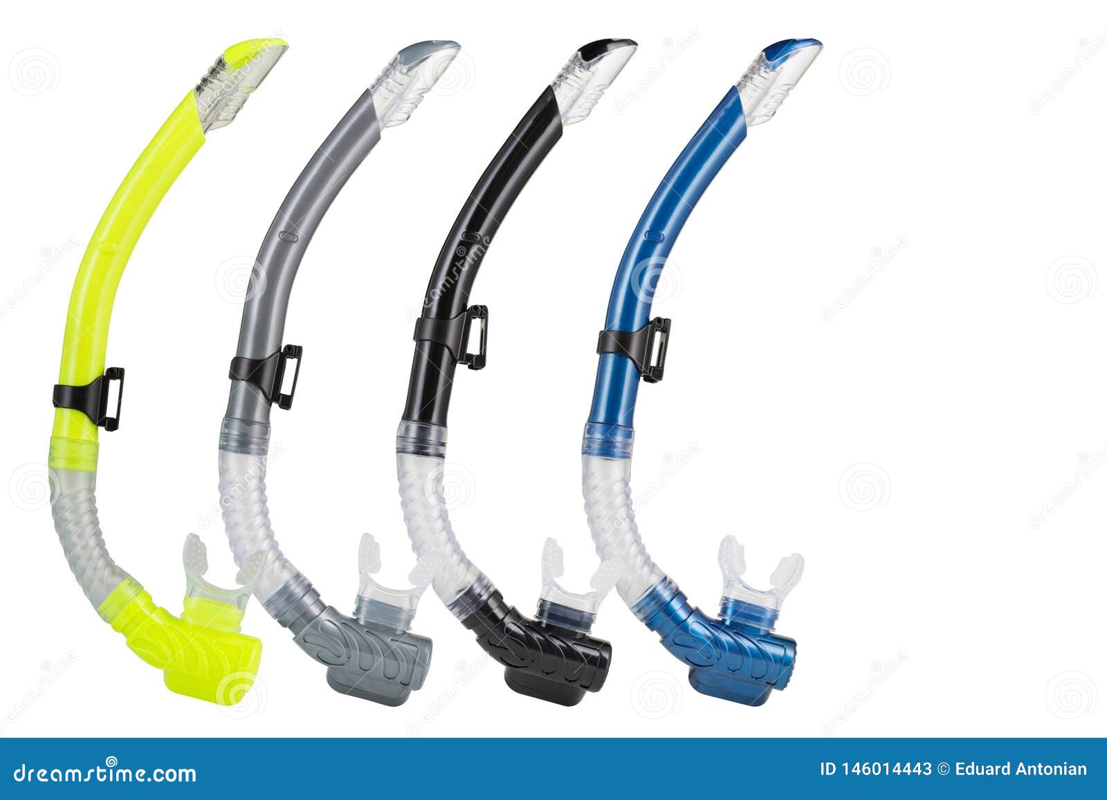 Four Breathing Tubes for Diving, of Different Colors, Lined Up, on a ...