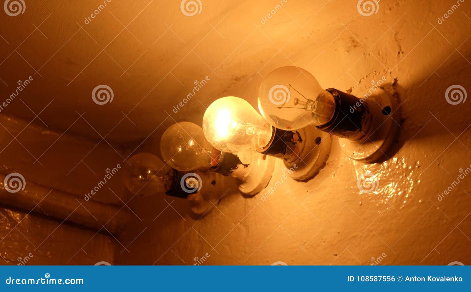 Four Bulbs, One of Which Lights Up. Stock Photo - Image of wallpaper ...
