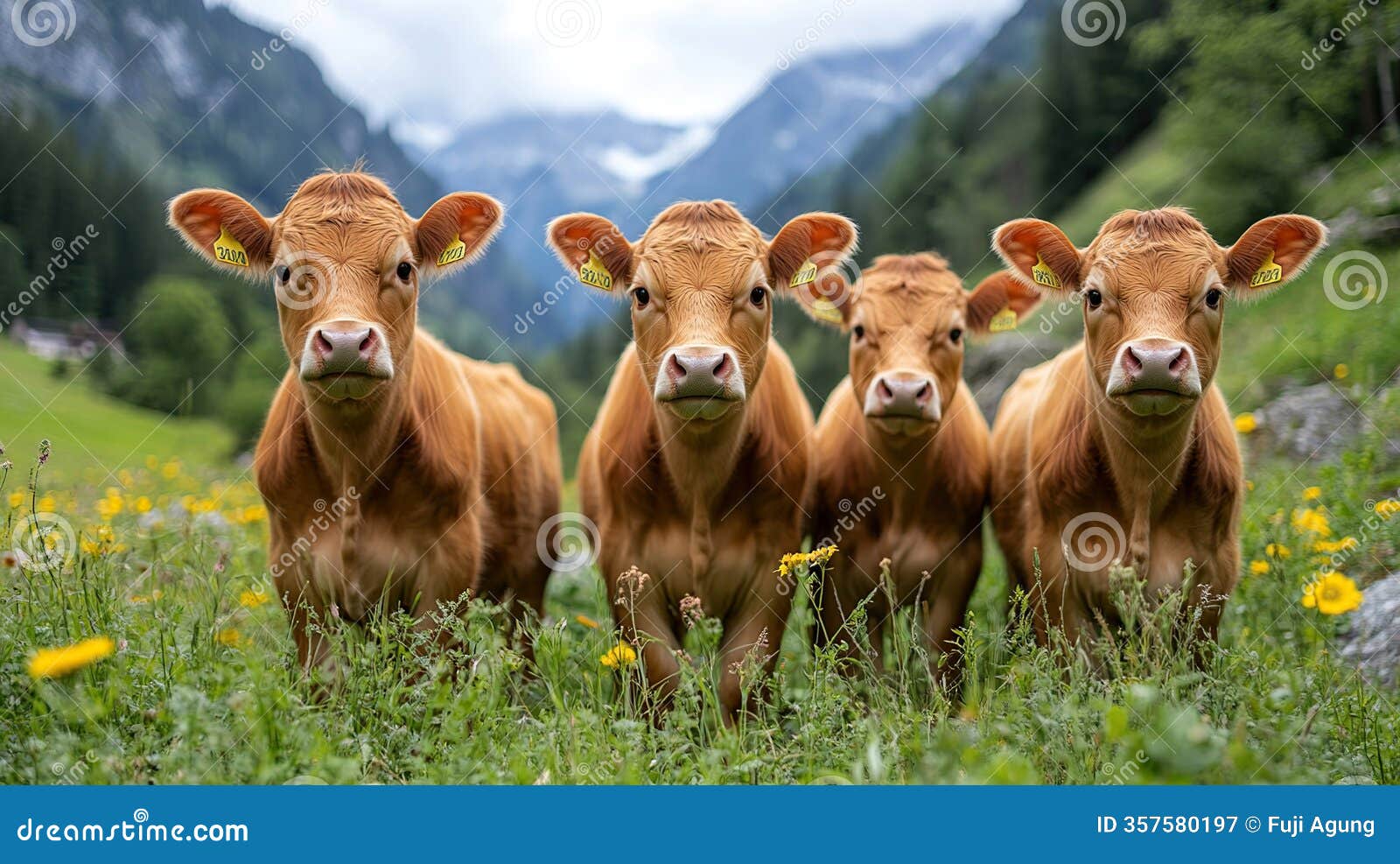 Four Calves in Alpine Meadow, Mountains Background Stock Illustration ...