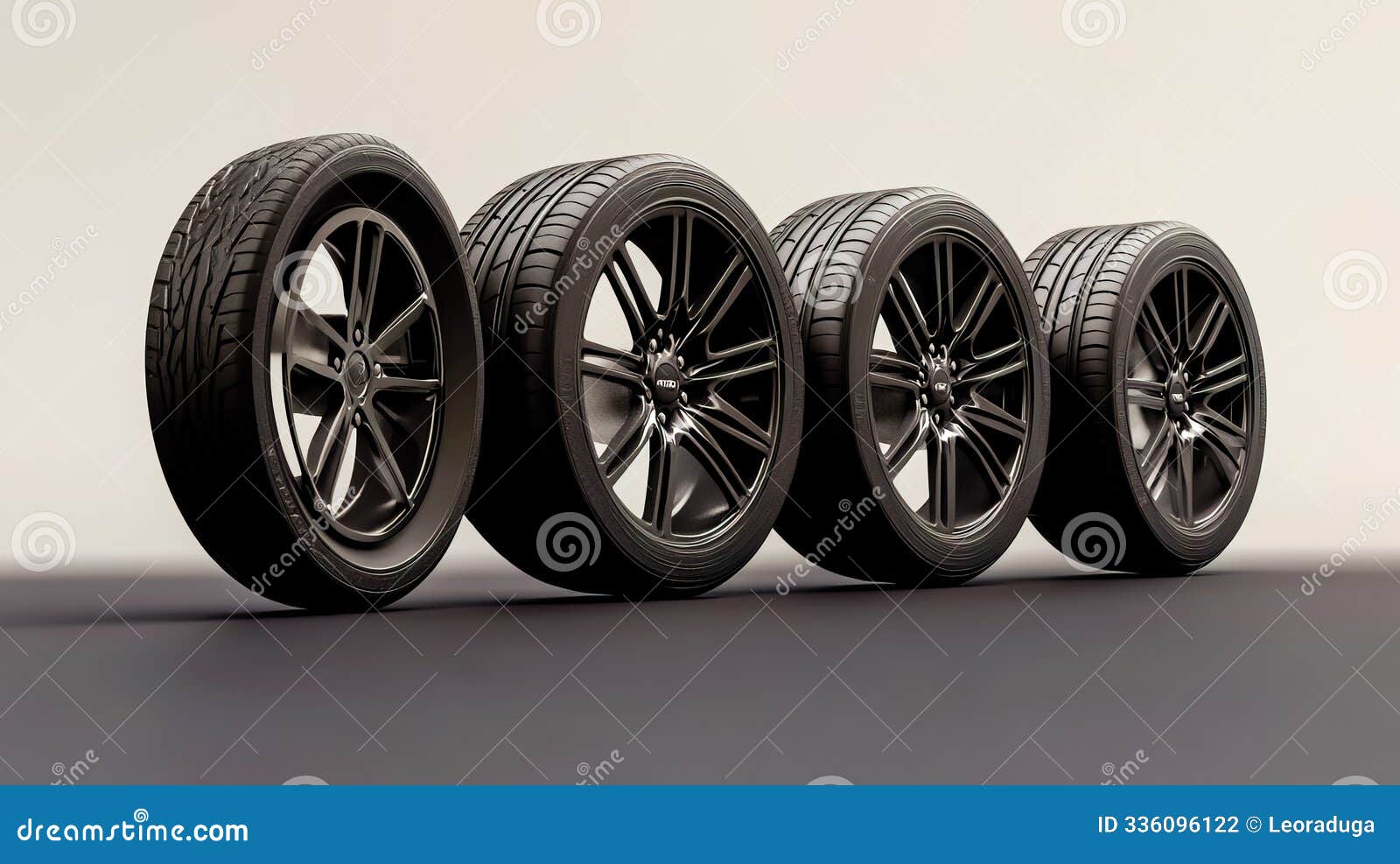 Four Car Wheels Isolated and Arranged in a Row Stock Illustration ...