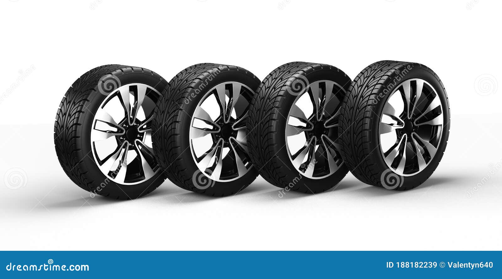 Four Car Wheels Isolated on White Background, in a Row. 3D Rendering ...