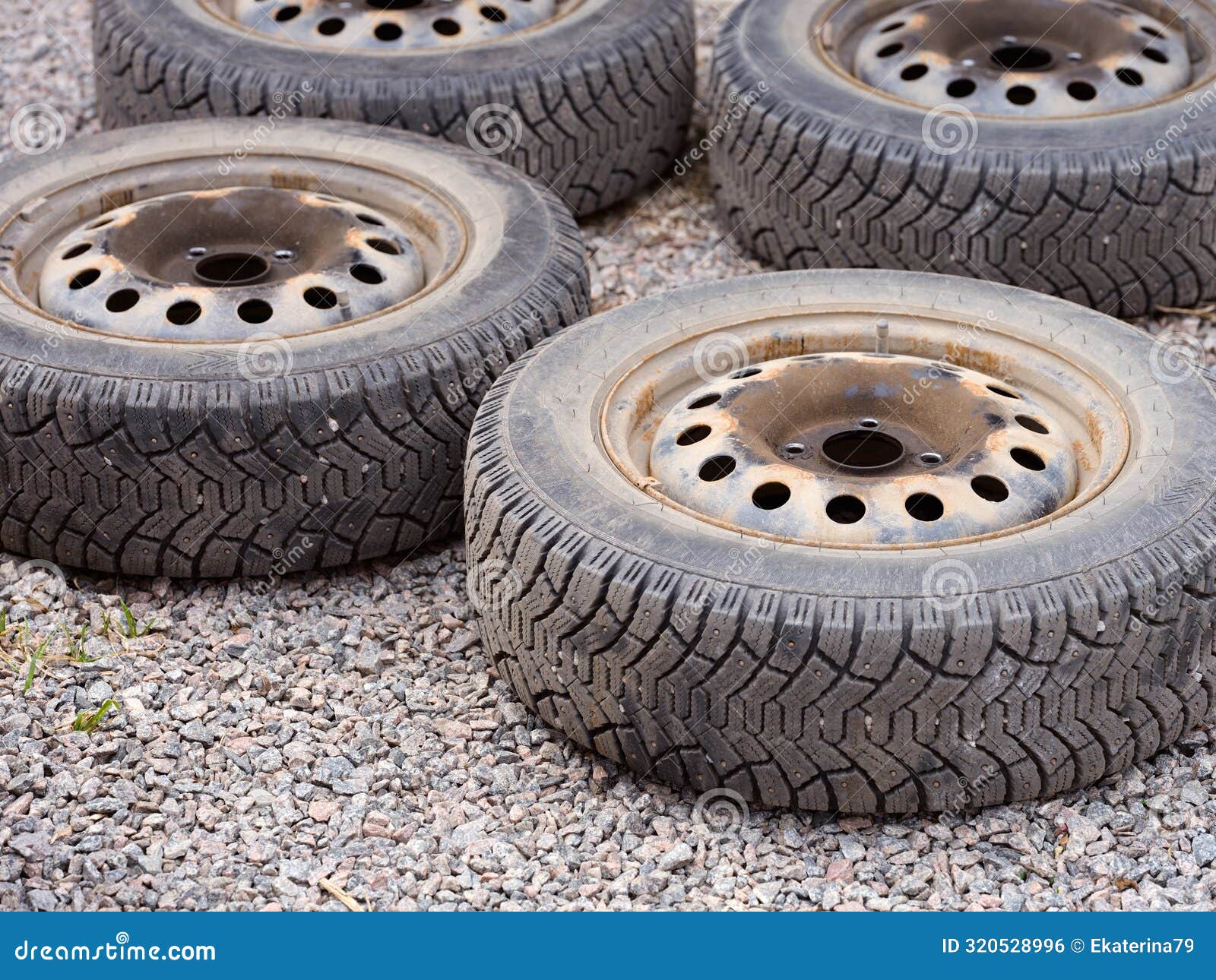 Car Wheels Set - Four Car Wheels Arranged In A Row On The Asphalt Road ...