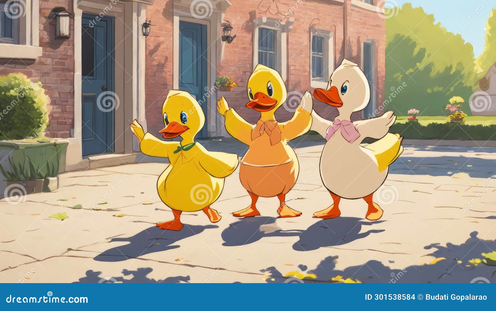 Four Cartoon Ducks are Walking Down a Street Stock Illustration ...