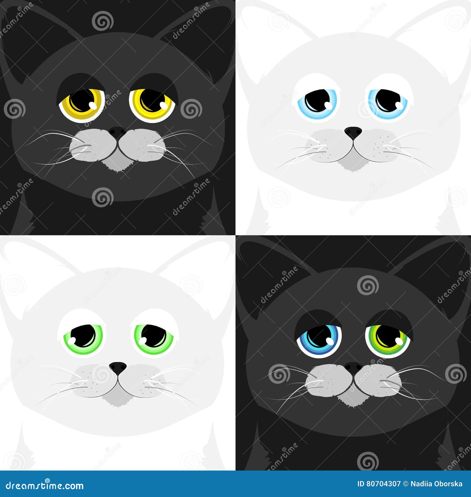 Four Cats Muzzle in a Cartoon Style Stock Illustration - Illustration ...