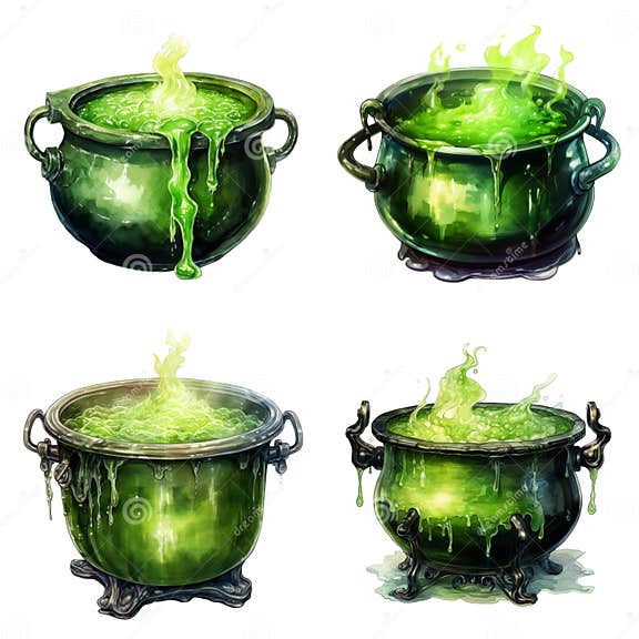 Four Cauldrons Filled with Bubbling Green Potion Stock Illustration ...