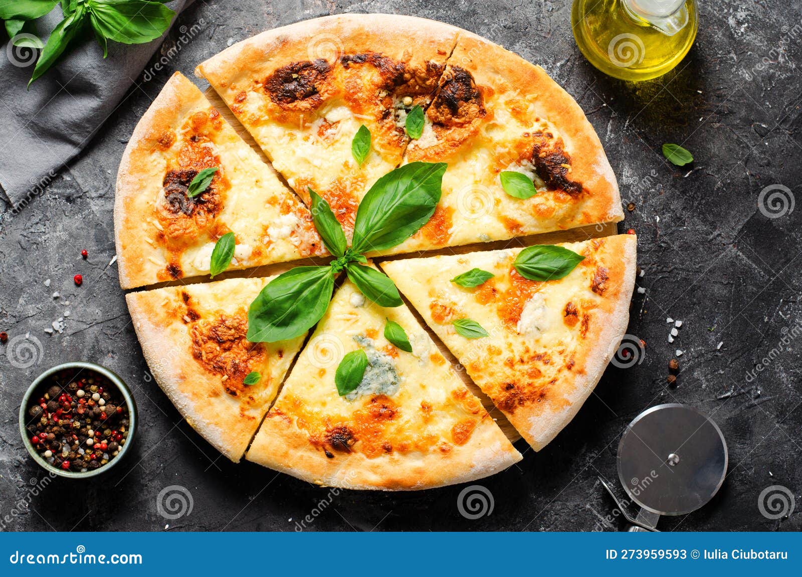 Four Cheese Pizza on Dark Background, Freshly Baked Pizza Stock Image ...