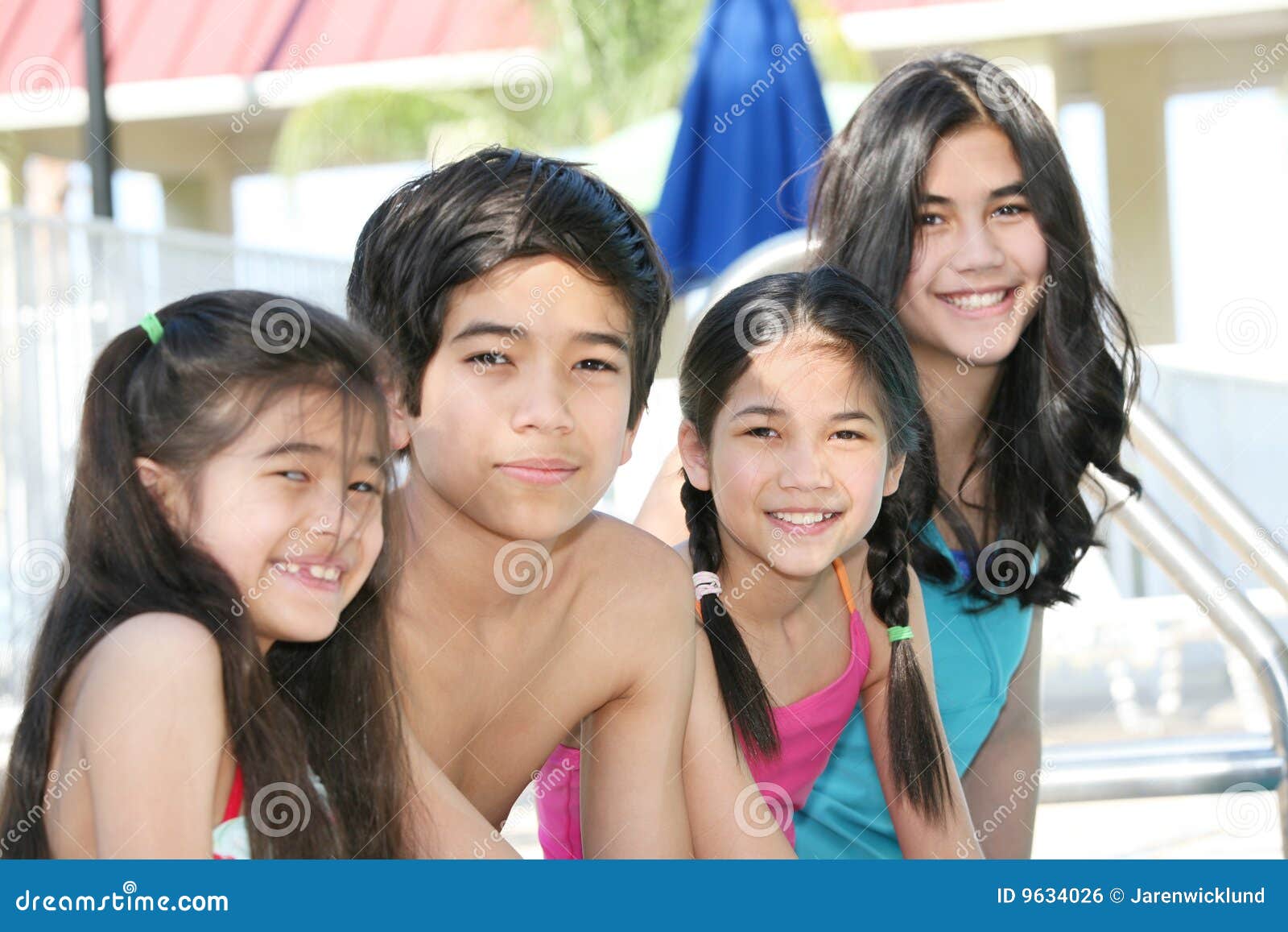 Four Children by the Pool Side Stock Photo - Image of happy, brother ...
