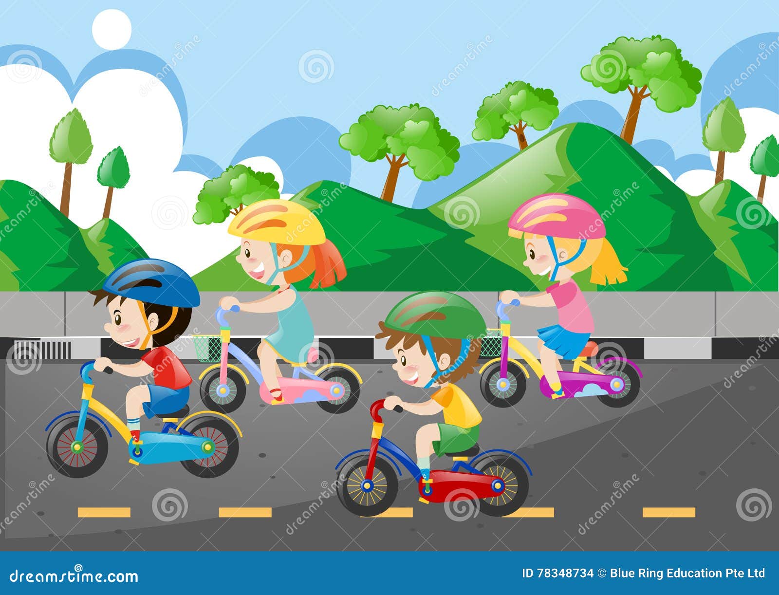 Four Children Riding Bicycle on the Road Stock Vector - Illustration of ...