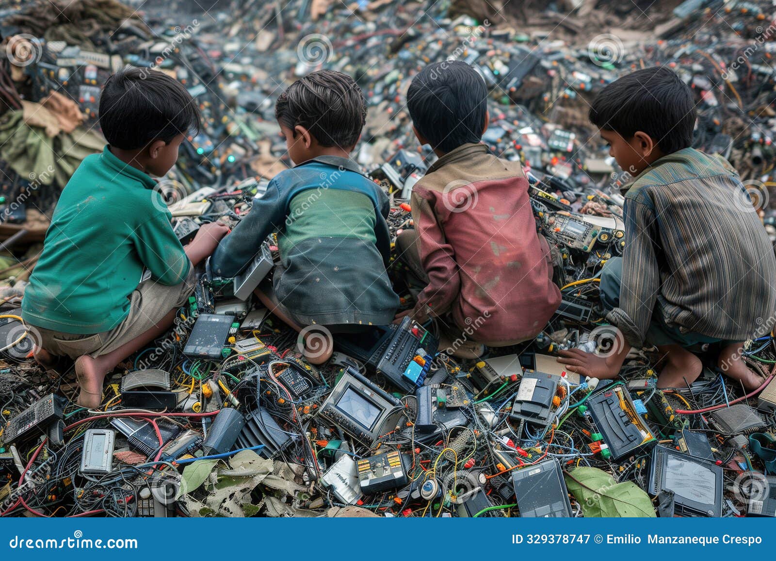 Four Children are Sitting on a Pile of Electronic Waste. the Children ...