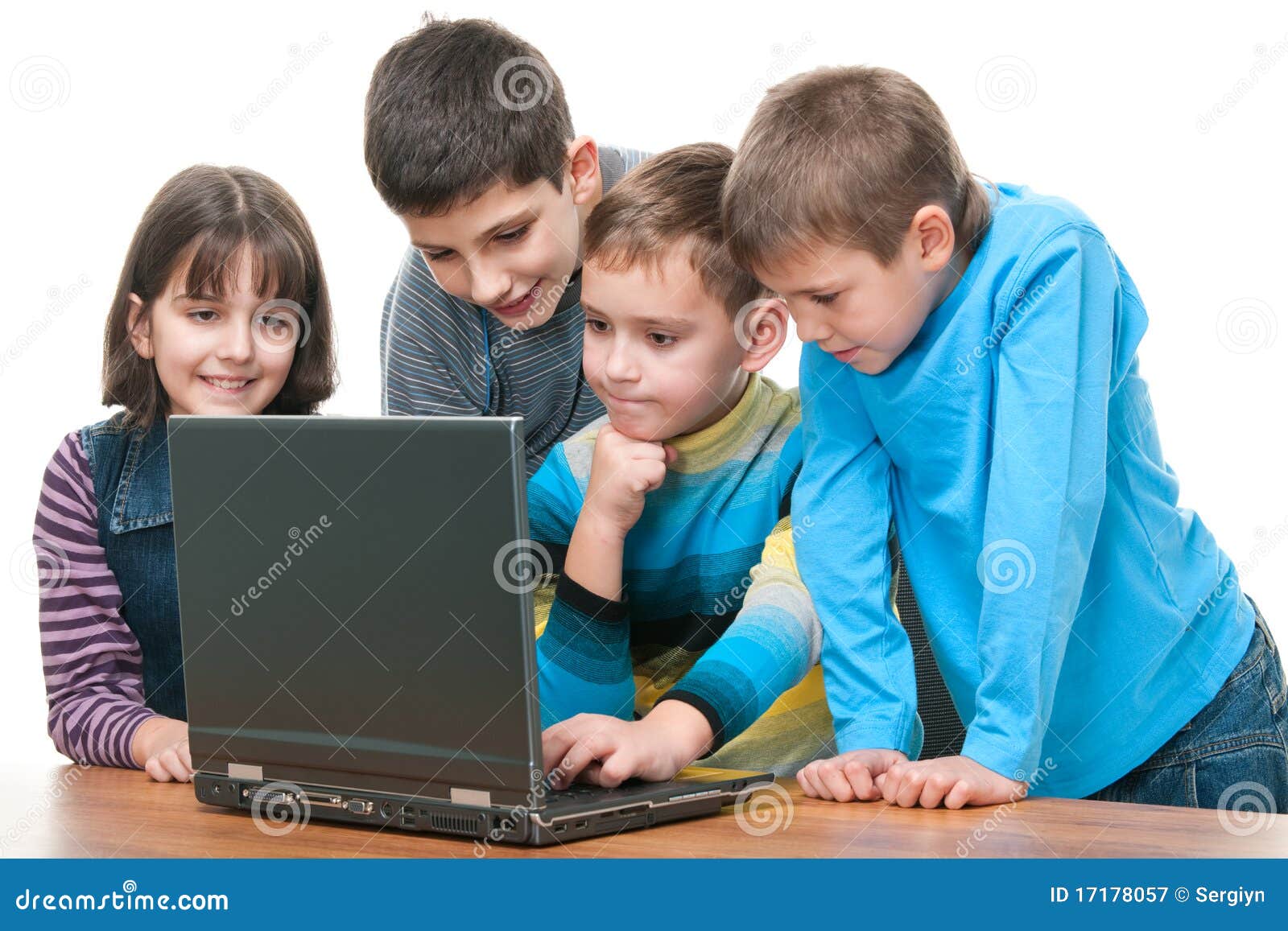 Four Children Studying Using a Laptop Stock Image - Image of group ...