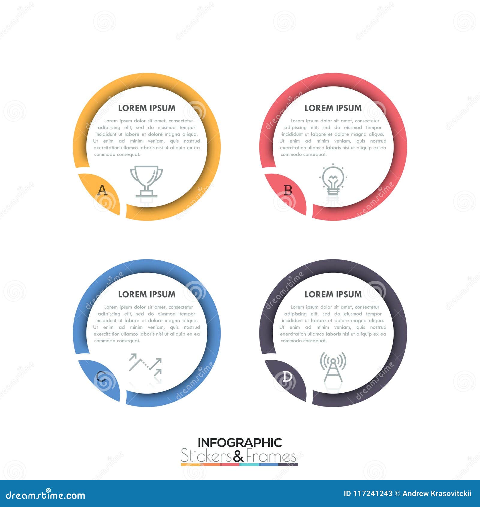 Four Circular Elements with Letters, Thin Line Icons and Text Boxes ...