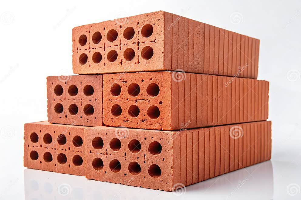Stack of Four Clay Bricks with a Hole Pattern on a White Background ...