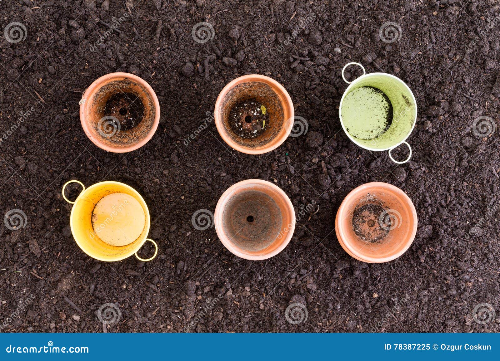 Four Clay Pots and Two Metal Ones in Rows of Three Stock Image - Image ...