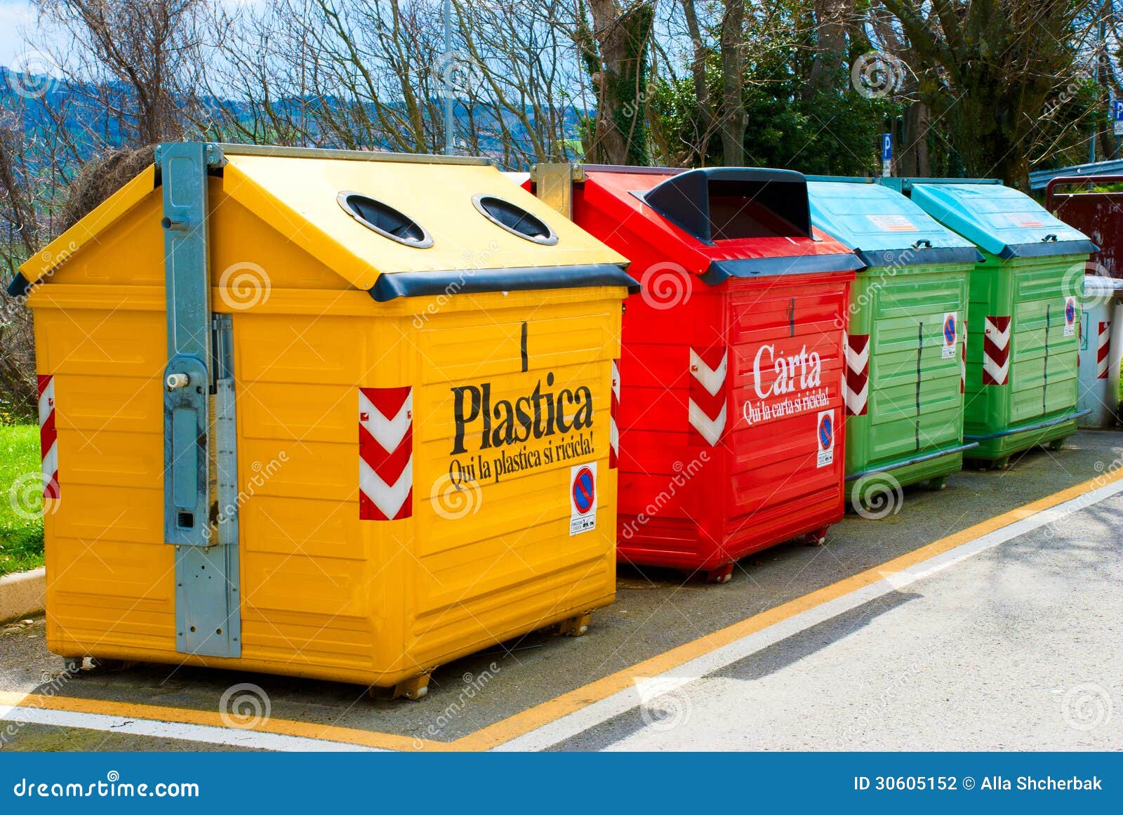Four color trash cans stock photo. Image of green, container - 30605152
